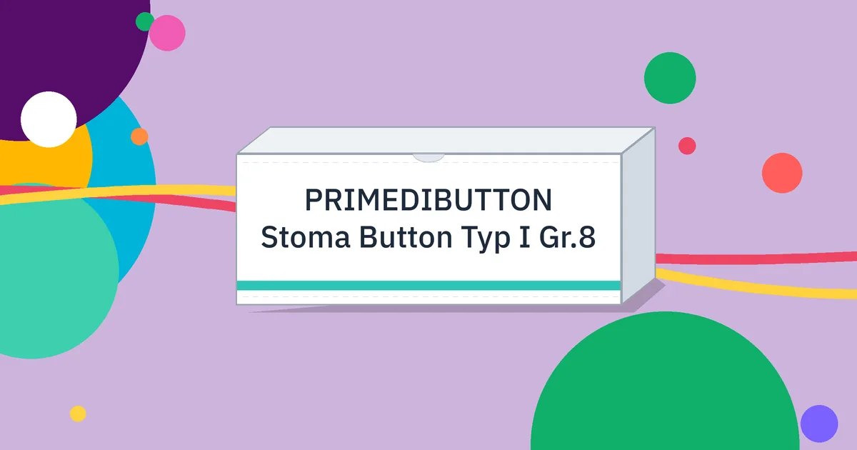 Symbolbild: Packung mit der Aufschrift PRIMEDIBUTTON Stoma Button Typ I Gr.8 (PZN 10791184) – Verfügbarkeit und Bezug in Apotheken in Frankfurt am Main