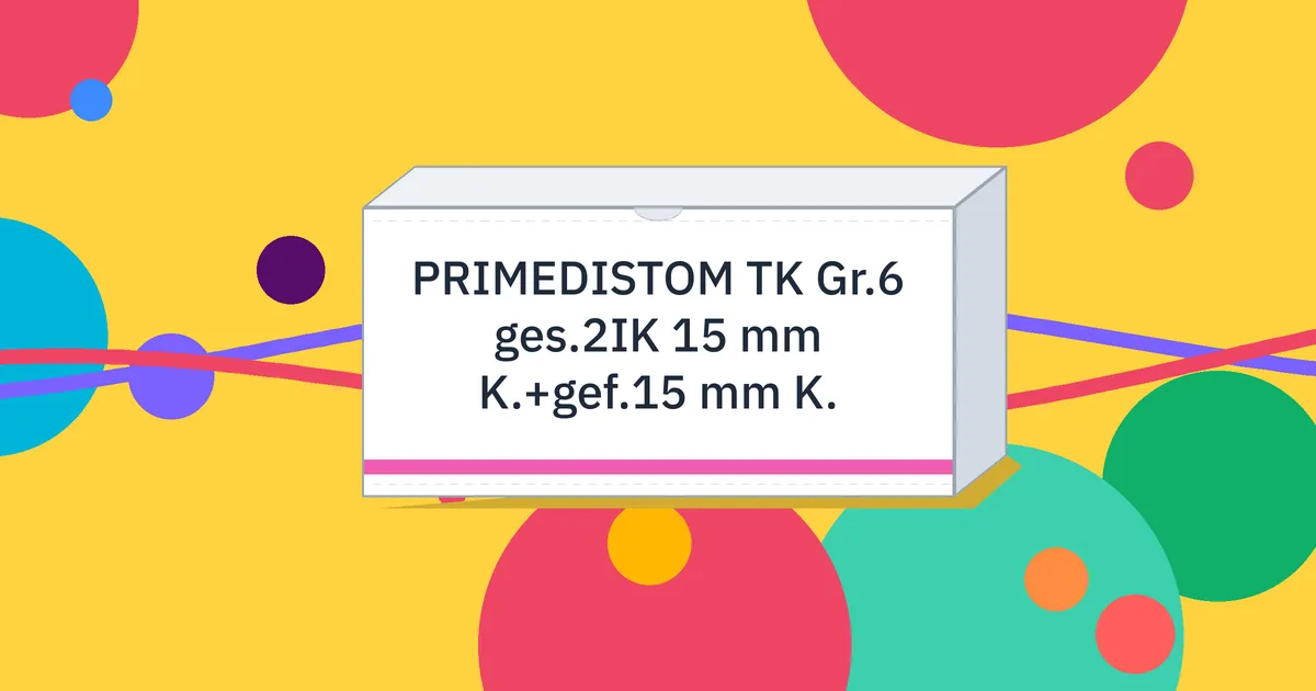 Symbolbild: Packung mit der Aufschrift PRIMEDISTOM TK Gr.6 ges.2IK 15 mm K.+gef.15 mm K. (PZN 10229962) – Verfügbarkeit und Bezug in Apotheken in Frankfurt am Main
