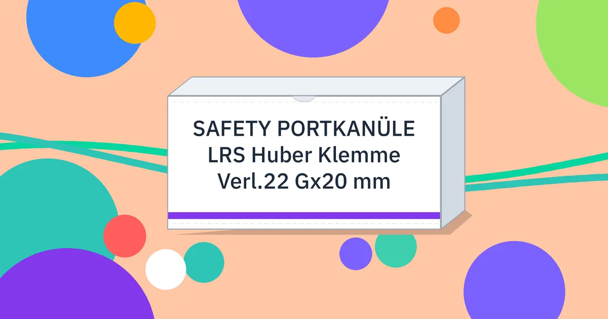 Symbolbild: Packung mit der Aufschrift SAFETY PORTKANÜLE LRS Huber Klemme Verl.22 Gx20 mm (PZN 16661956) – Verfügbarkeit und Bezug in Apotheken in Frankfurt am Main