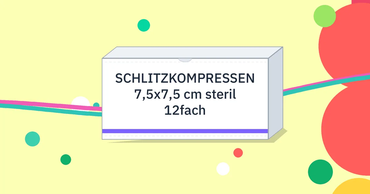 Symbolbild: Packung mit der Aufschrift SCHLITZKOMPRESSEN 7,5x7,5 cm steril 12fach (PZN 11859984) – Verfügbarkeit und Bezug in Apotheken in Frankfurt am Main