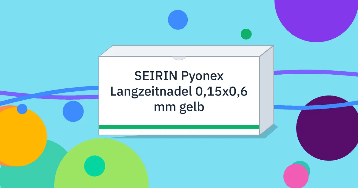Symbolbild: Packung mit der Aufschrift SEIRIN Pyonex Langzeitnadel 0,15x0,6 mm gelb (PZN 16034455) – Verfügbarkeit und Bezug in Apotheken in Frankfurt am Main