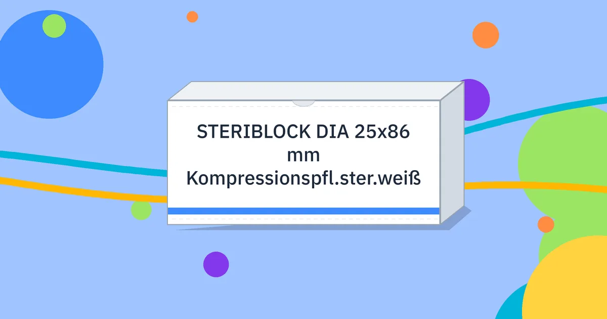Symbolbild: Packung mit der Aufschrift STERIBLOCK DIA 25x86 mm Kompressionspfl.ster.weiß (PZN 00249024) – Verfügbarkeit und Bezug in Apotheken in Frankfurt am Main