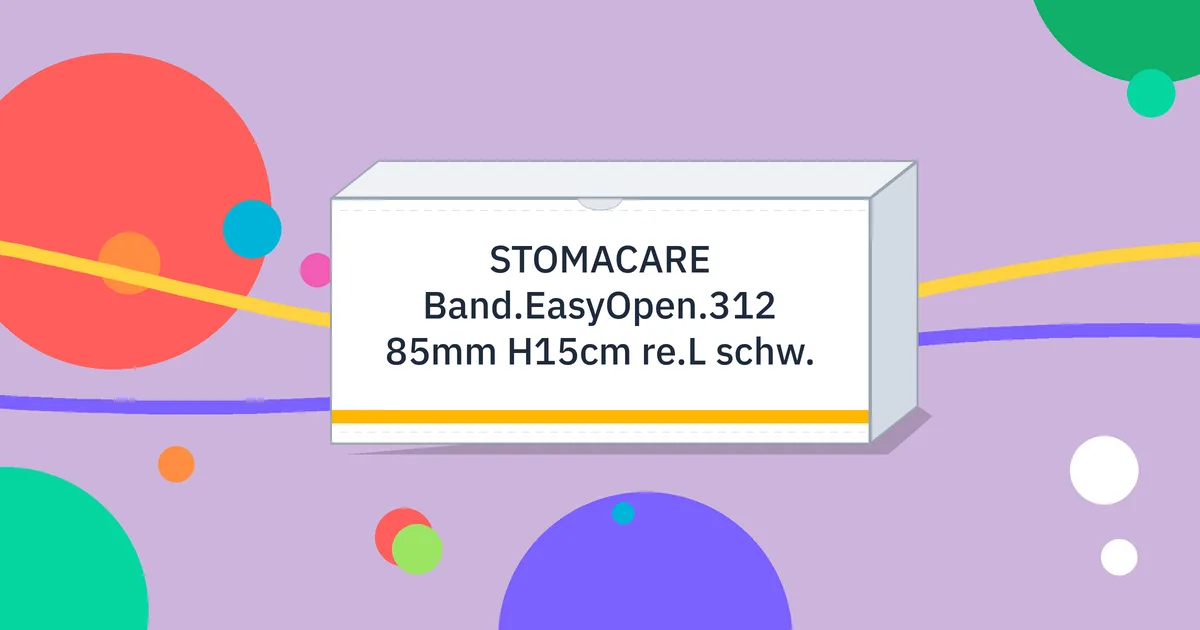 Symbolbild: Packung mit der Aufschrift STOMACARE Band.EasyOpen.312 85mm H15cm re.L schw. (PZN 09438092) – Verfügbarkeit und Bezug in Apotheken in Frankfurt am Main