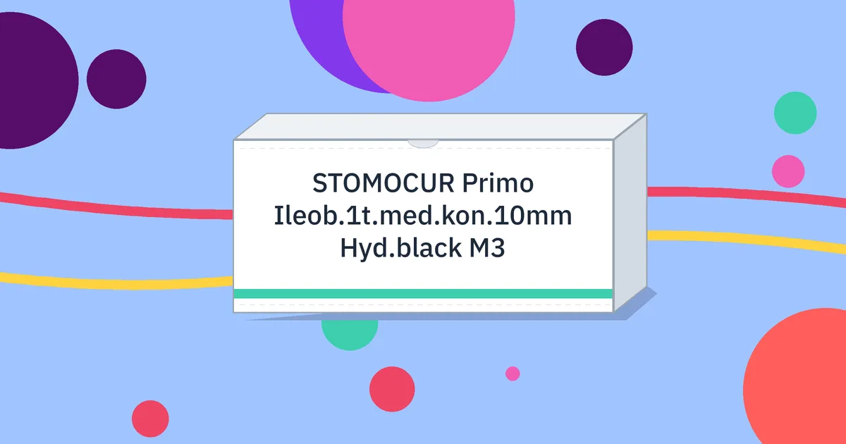Symbolbild: Packung mit der Aufschrift STOMOCUR Primo Ileob.1t.med.kon.10mm Hyd.black M3 (PZN 19536602) – Verfügbarkeit und Bezug in Apotheken in Frankfurt am Main