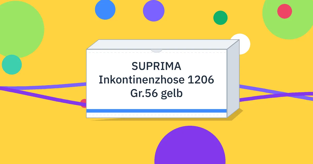 Symbolbild: Packung mit der Aufschrift SUPRIMA Inkontinenzhose 1206 Gr.56 gelb (PZN 01514994) – Verfügbarkeit und Bezug in Apotheken in Frankfurt am Main