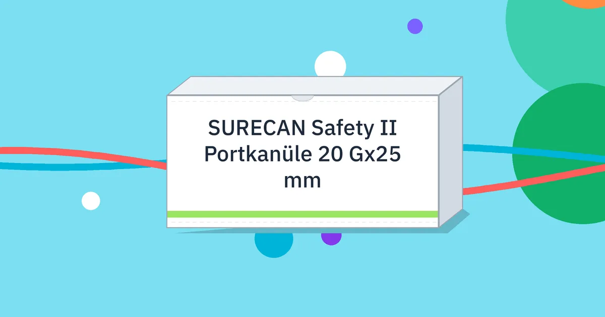 Symbolbild: Packung mit der Aufschrift SURECAN Safety II Portkanüle 20 Gx25 mm (PZN 14286945) – Verfügbarkeit und Bezug in Apotheken in Frankfurt am Main