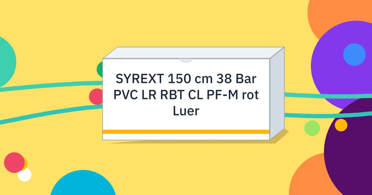 Symbolbild: Packung mit der Aufschrift SYREXT 150 cm 38 Bar PVC LR RBT CL PF-M rot Luer (PZN 17897939) – Verfügbarkeit und Bezug in Apotheken in Frankfurt am Main