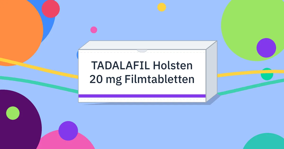Symbolbild: Packung mit der Aufschrift TADALAFIL Holsten 20 mg Filmtabletten (PZN 19208743) – Verfügbarkeit und Bezug in Apotheken in Frankfurt am Main