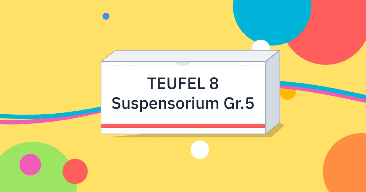 Symbolbild: Packung mit der Aufschrift TEUFEL 8 Suspensorium Gr.5 (PZN 02299351) – Verfügbarkeit und Bezug in Apotheken in Frankfurt am Main