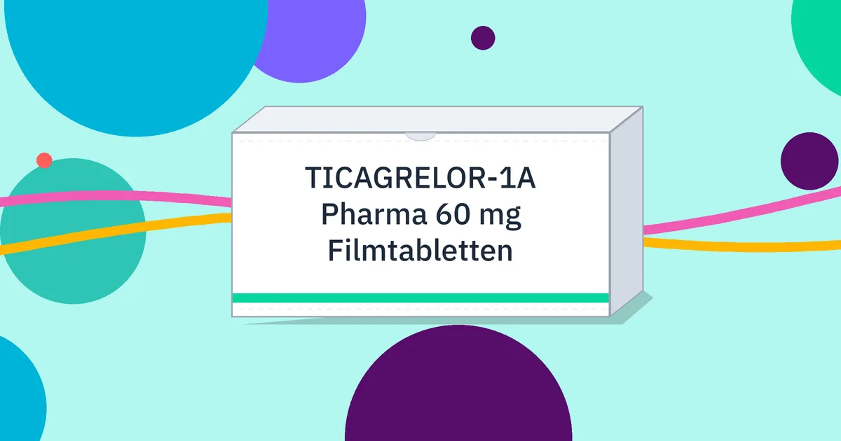 Symbolbild: Packung mit der Aufschrift TICAGRELOR-1A Pharma 60 mg Filmtabletten (PZN 19399223) – Verfügbarkeit und Bezug in Apotheken in Frankfurt am Main