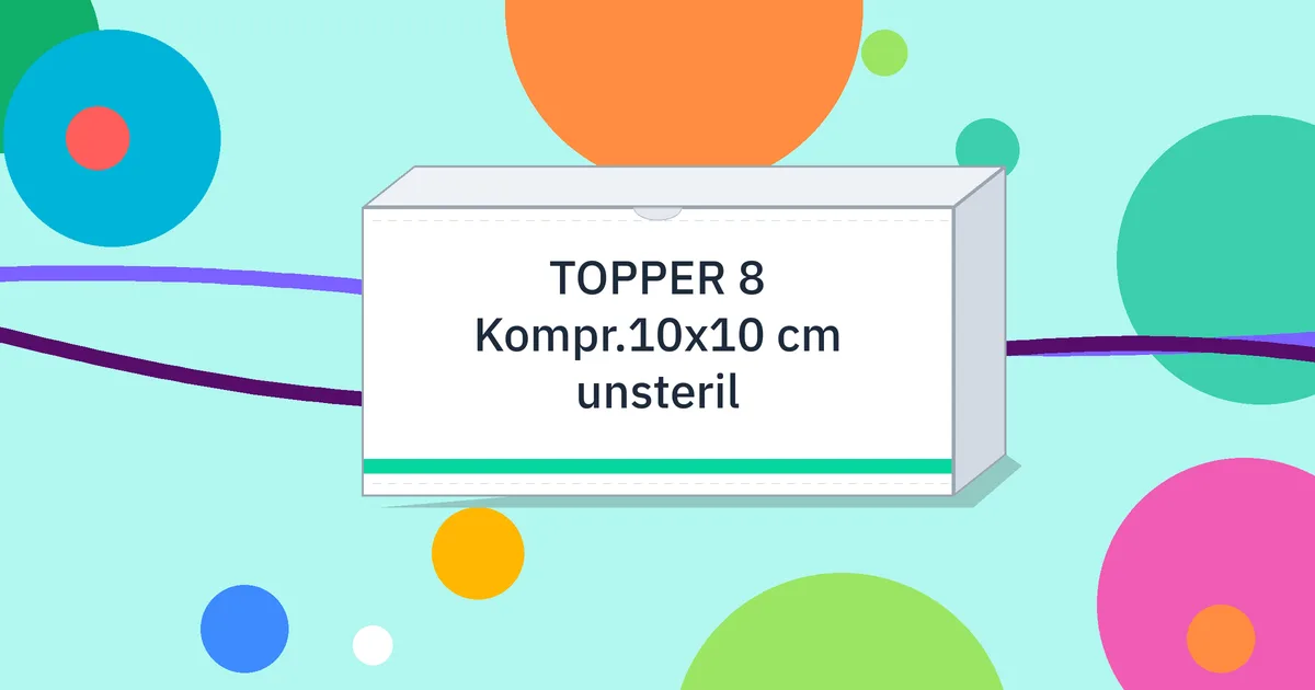 Symbolbild: Packung mit der Aufschrift TOPPER 8 Kompr.10x10 cm unsteril (PZN 14304838) – Verfügbarkeit und Bezug in Apotheken in Frankfurt am Main