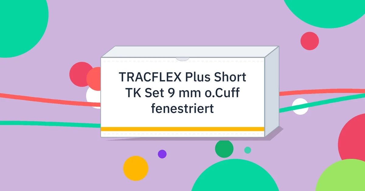 Symbolbild: Packung mit der Aufschrift TRACFLEX Plus Short TK Set 9 mm o.Cuff fenestriert (PZN 20934058) – Verfügbarkeit und Bezug in Apotheken in Frankfurt am Main