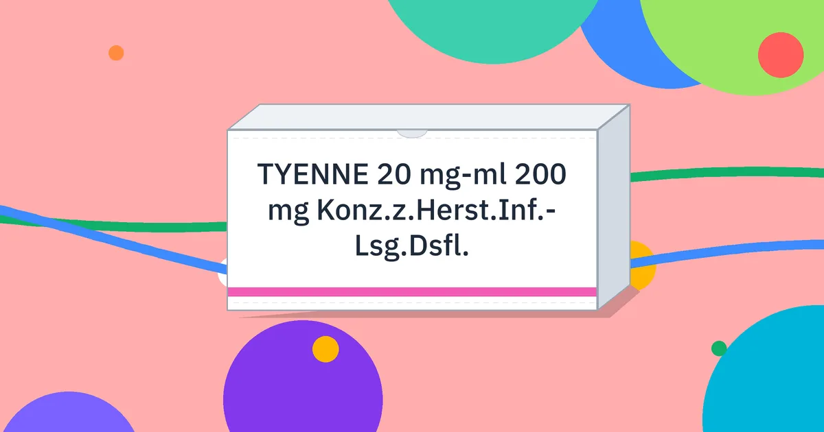 Symbolbild: Packung mit der Aufschrift TYENNE 20 mg-ml 200 mg Konz.z.Herst.Inf.-Lsg.Dsfl. (PZN 19533756) – Verfügbarkeit und Bezug in Apotheken in Frankfurt am Main