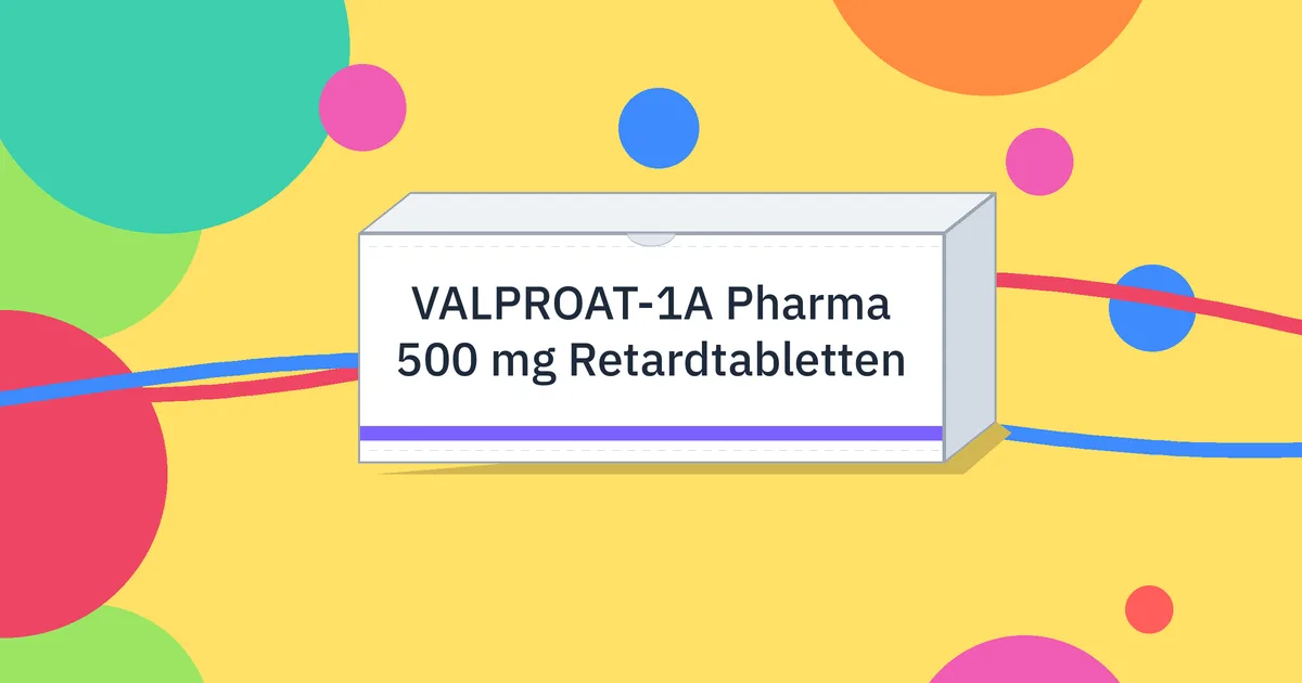 Symbolbild: Packung mit der Aufschrift VALPROAT-1A Pharma 500 mg Retardtabletten (PZN 04343961) – Verfügbarkeit und Bezug in Apotheken in Frankfurt am Main