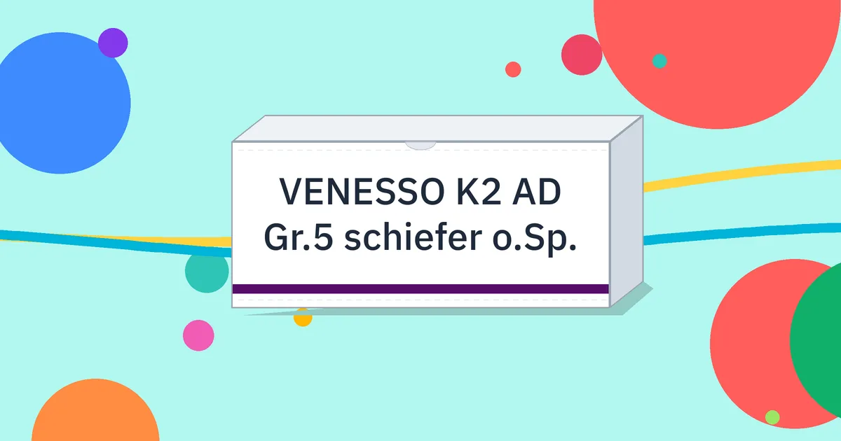 Symbolbild: Packung mit der Aufschrift VENESSO K2 AD Gr.5 schiefer o.Sp. (PZN 03260109) – Verfügbarkeit und Bezug in Apotheken in Frankfurt am Main