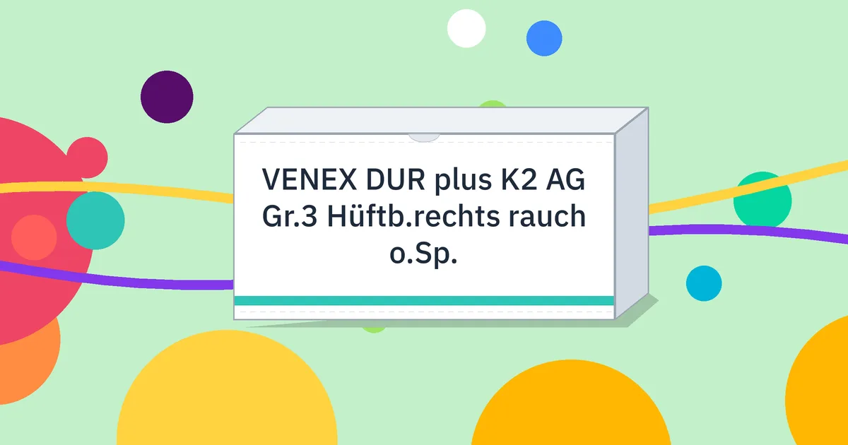 Symbolbild: Packung mit der Aufschrift VENEX DUR plus K2 AG Gr.3 Hüftb.rechts rauch o.Sp. (PZN 03239753) – Verfügbarkeit und Bezug in Apotheken in Frankfurt am Main
