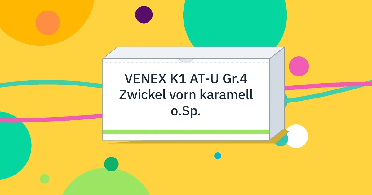 Symbolbild: Packung mit der Aufschrift VENEX K1 AT-U Gr.4 Zwickel vorn karamell o.Sp. (PZN 13759442) – Verfügbarkeit und Bezug in Apotheken in Frankfurt am Main
