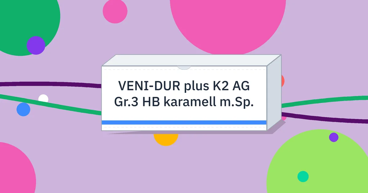 Symbolbild: Packung mit der Aufschrift VENI-DUR plus K2 AG Gr.3 HB karamell m.Sp. (PZN 13756722) – Verfügbarkeit und Bezug in Apotheken in Frankfurt am Main
