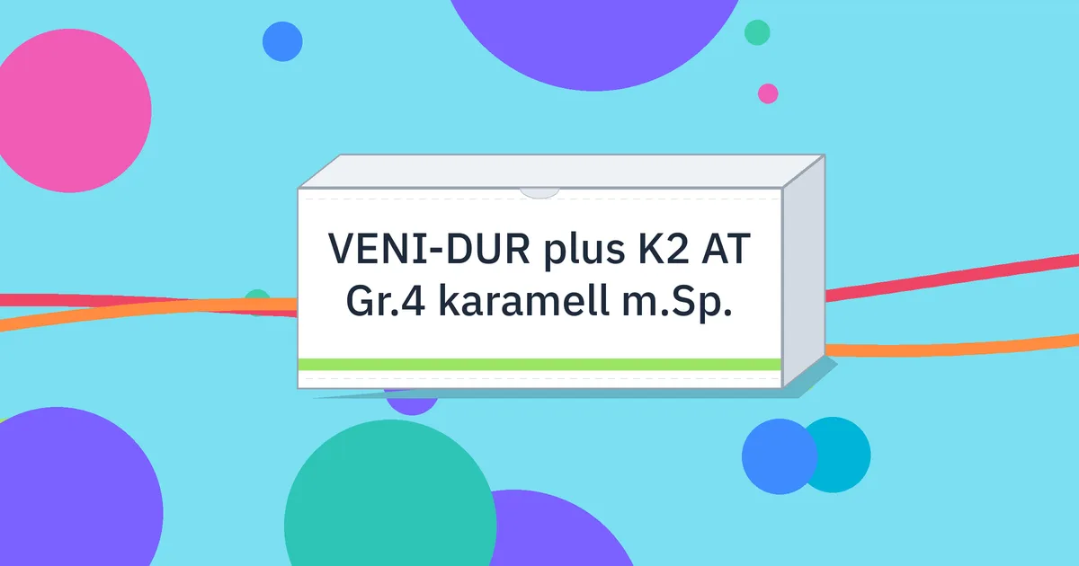 Symbolbild: Packung mit der Aufschrift VENI-DUR plus K2 AT Gr.4 karamell m.Sp. (PZN 13757118) – Verfügbarkeit und Bezug in Apotheken in Frankfurt am Main