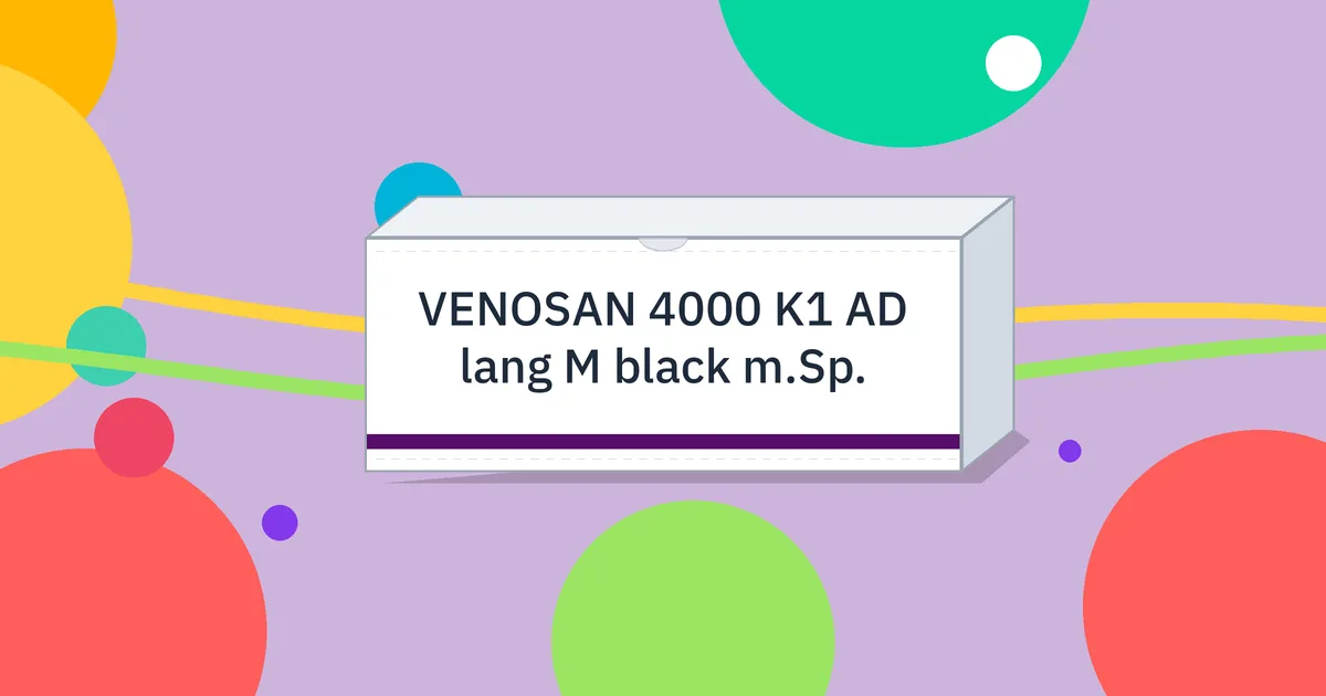 Symbolbild: Packung mit der Aufschrift VENOSAN 4000 K1 AD lang M black m.Sp. (PZN 14426352) – Verfügbarkeit und Bezug in Apotheken in Frankfurt am Main