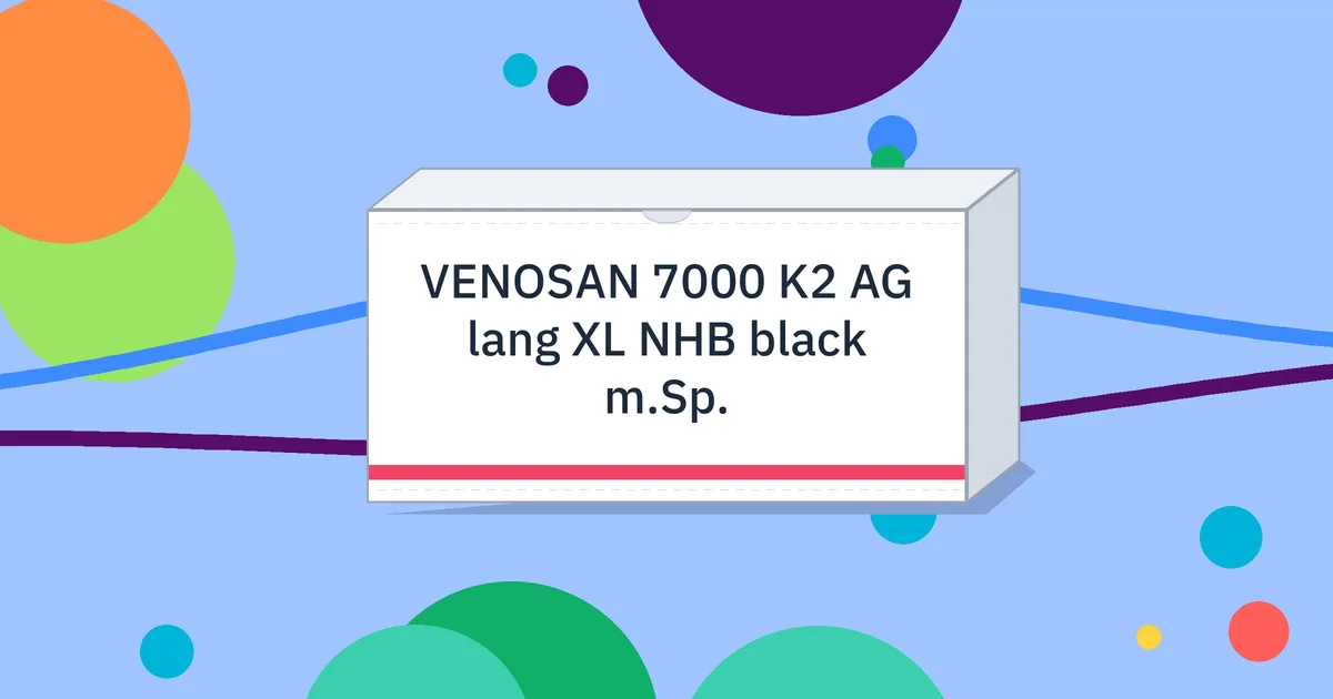 Symbolbild: Packung mit der Aufschrift VENOSAN 7000 K2 AG lang XL NHB black m.Sp. (PZN 14435960) – Verfügbarkeit und Bezug in Apotheken in Frankfurt am Main