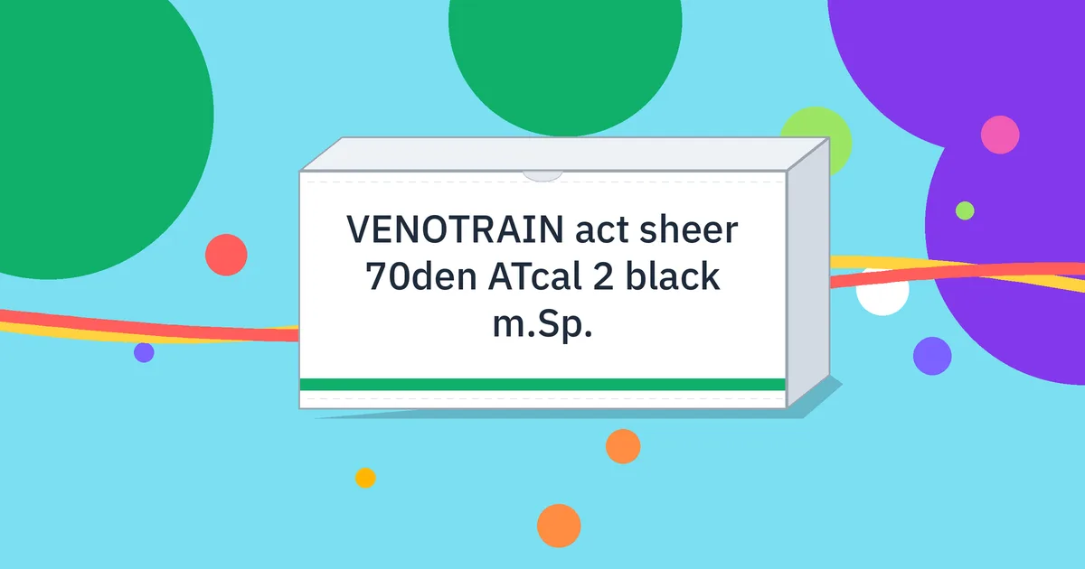 Symbolbild: Packung mit der Aufschrift VENOTRAIN act sheer 70den ATcal 2 black m.Sp. (PZN 16207619) – Verfügbarkeit und Bezug in Apotheken in Frankfurt am Main