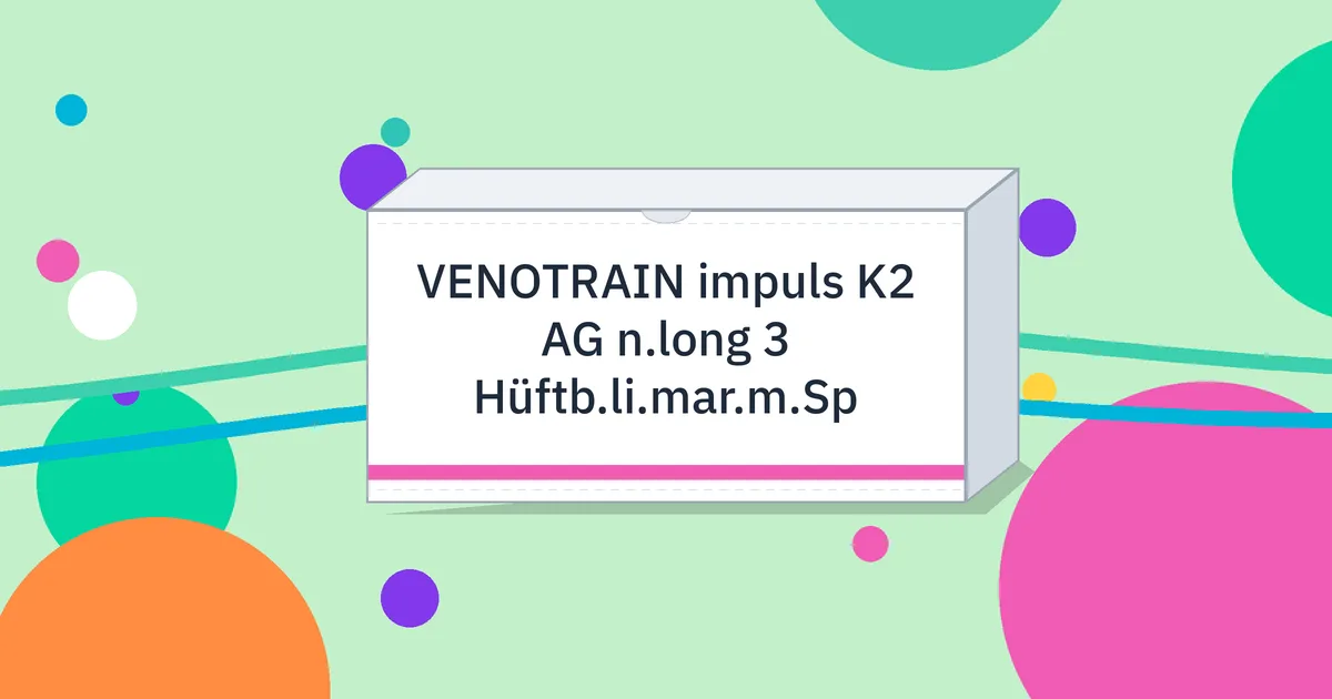 Symbolbild: Packung mit der Aufschrift VENOTRAIN impuls K2 AG n.long 3 Hüftb.li.mar.m.Sp (PZN 15218822) – Verfügbarkeit und Bezug in Apotheken in Frankfurt am Main