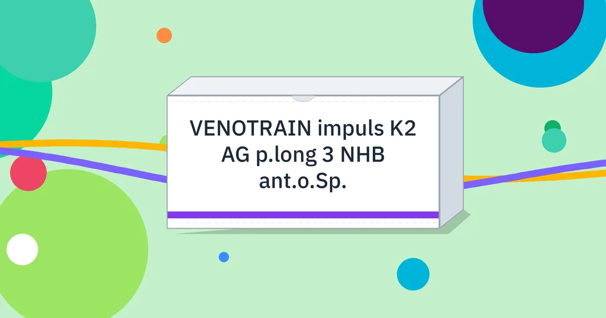 Symbolbild: Packung mit der Aufschrift VENOTRAIN impuls K2 AG p.long 3 NHB ant.o.Sp. (PZN 15215143) – Verfügbarkeit und Bezug in Apotheken in Frankfurt am Main