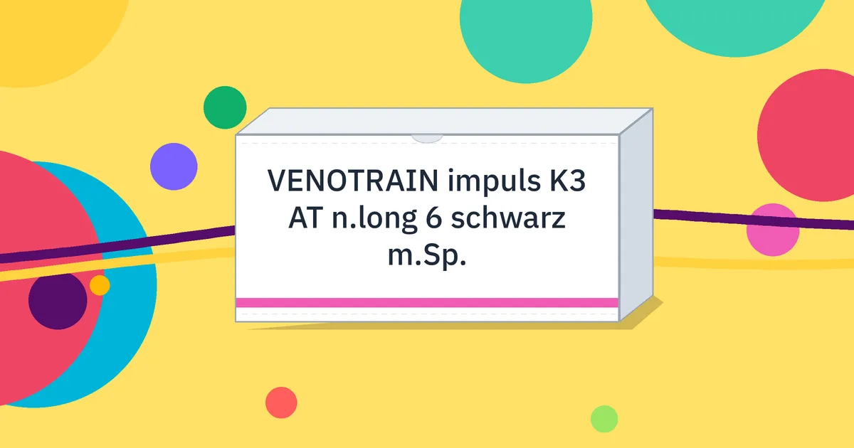 Symbolbild: Packung mit der Aufschrift VENOTRAIN impuls K3 AT n.long 6 schwarz m.Sp. (PZN 19356225) – Verfügbarkeit und Bezug in Apotheken in Frankfurt am Main