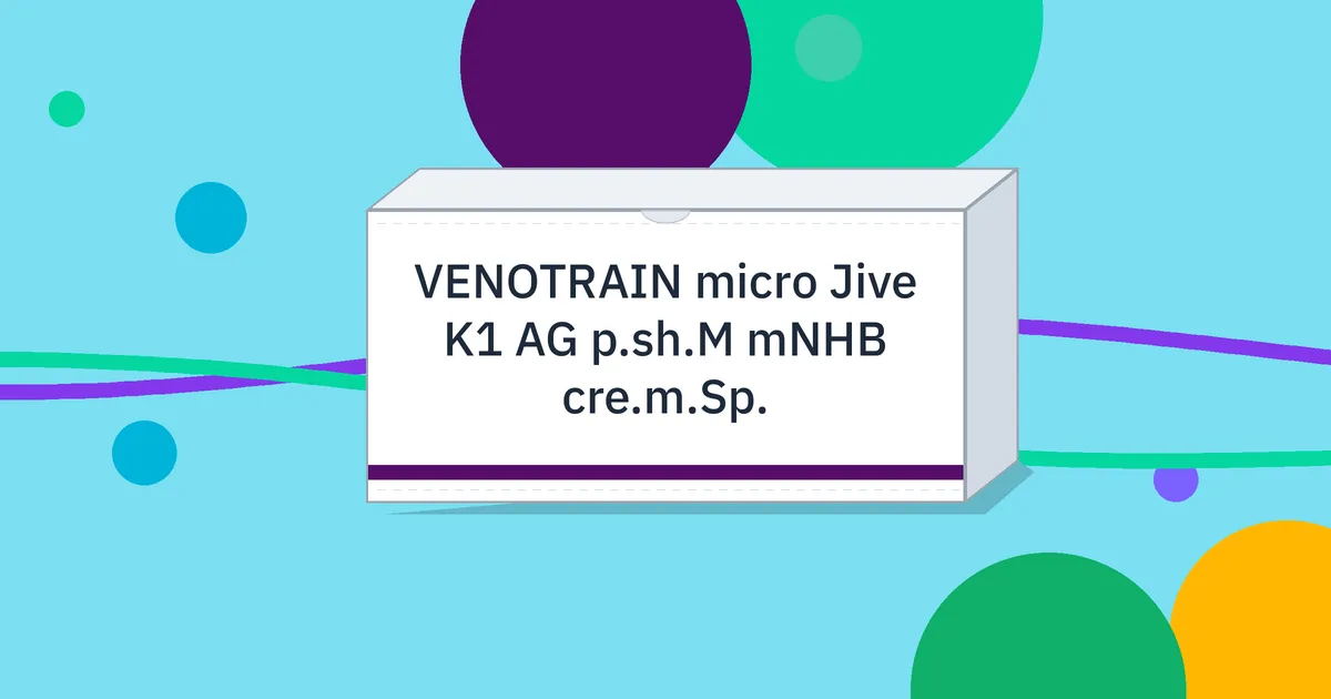 Symbolbild: Packung mit der Aufschrift VENOTRAIN micro Jive K1 AG p.sh.M mNHB cre.m.Sp. (PZN 17757925) – Verfügbarkeit und Bezug in Apotheken in Frankfurt am Main