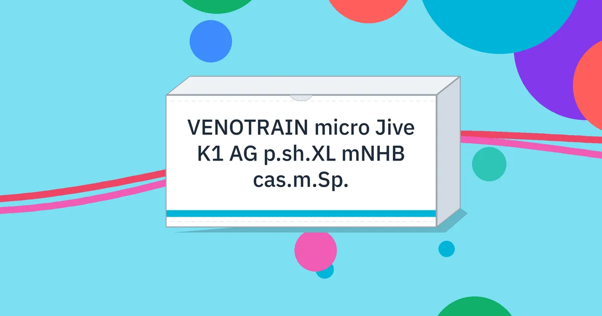 Symbolbild: Packung mit der Aufschrift VENOTRAIN micro Jive K1 AG p.sh.XL mNHB cas.m.Sp. (PZN 20766388) – Verfügbarkeit und Bezug in Apotheken in Frankfurt am Main