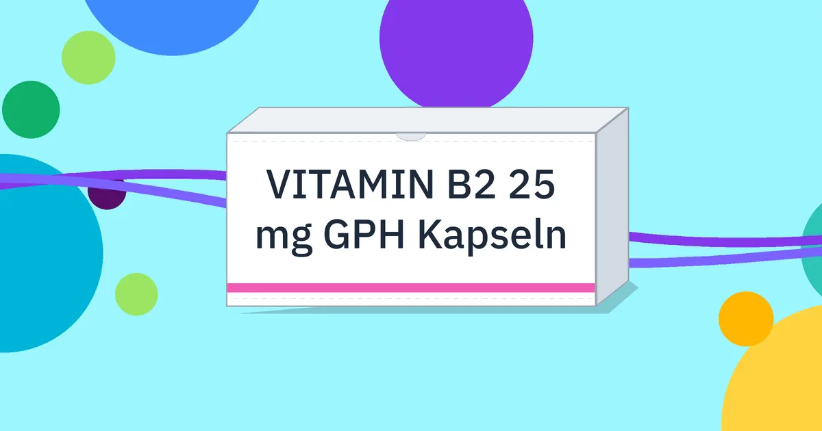 Symbolbild: Packung mit der Aufschrift VITAMIN B2 25 mg GPH Kapseln (PZN 16571176) – Verfügbarkeit und Bezug in Apotheken in Frankfurt am Main