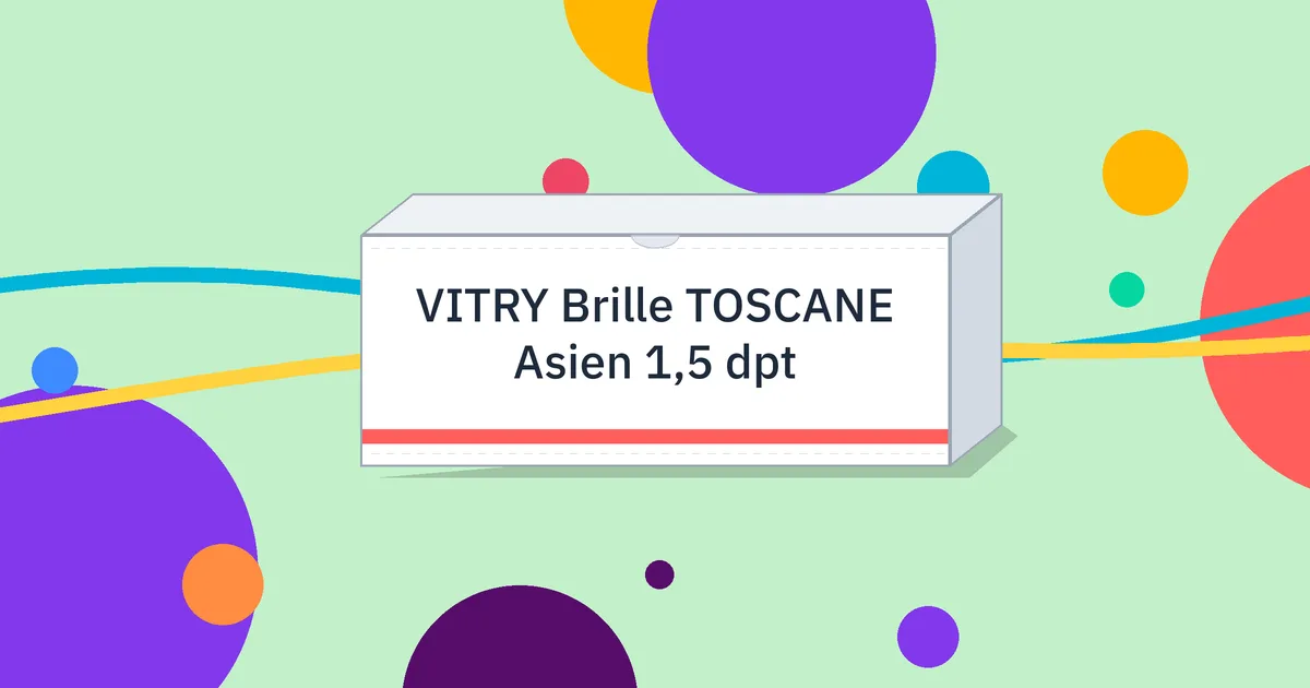 Symbolbild: Packung mit der Aufschrift VITRY Brille TOSCANE Asien 1,5 dpt (PZN 18804118) – Verfügbarkeit und Bezug in Apotheken in Frankfurt am Main