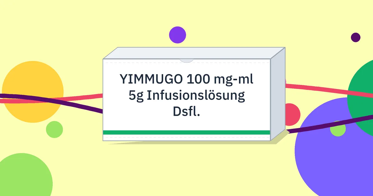 Symbolbild: Packung mit der Aufschrift YIMMUGO 100 mg-ml 5g Infusionslösung Dsfl. (PZN 18030450) – Verfügbarkeit und Bezug in Apotheken in Frankfurt am Main