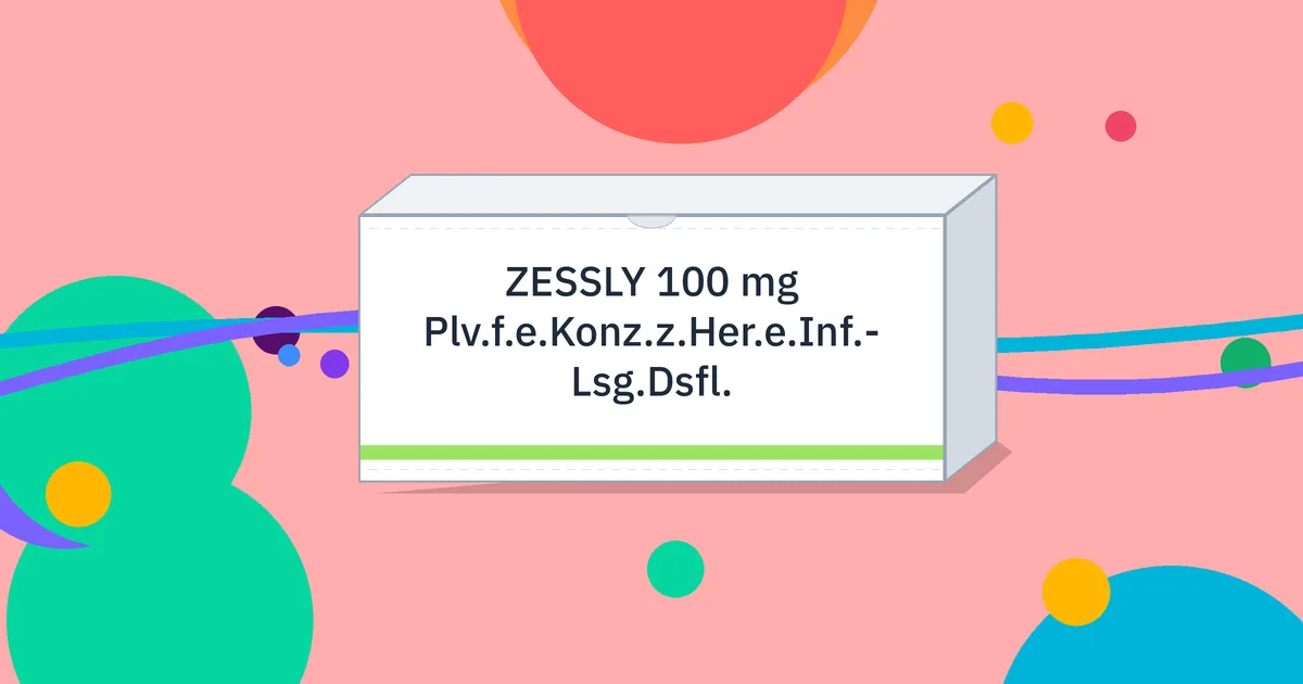 Symbolbild: Packung mit der Aufschrift ZESSLY 100 mg Plv.f.e.Konz.z.Her.e.Inf.-Lsg.Dsfl. (PZN 14184630) – Verfügbarkeit und Bezug in Apotheken in Frankfurt am Main