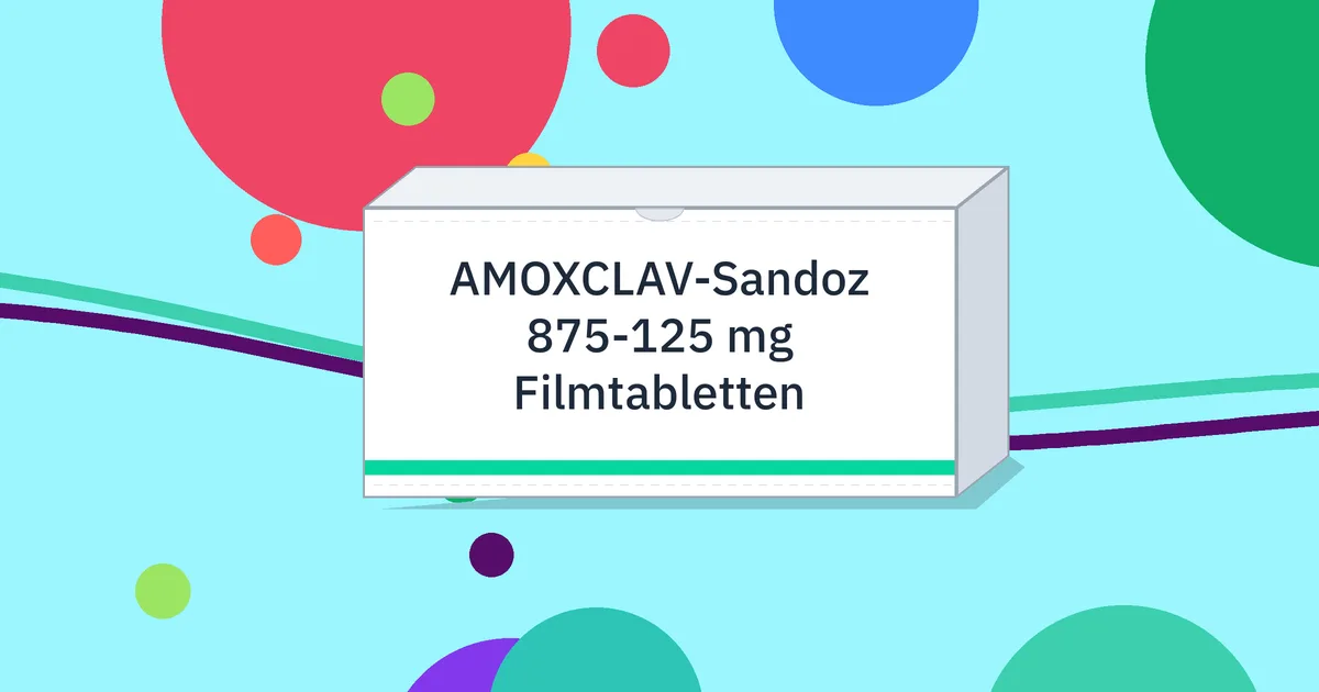 Symbolbild: Packung mit der Aufschrift AMOXCLAV-Sandoz 875-125 mg Filmtabletten (PZN 12906929) – Verfügbarkeit und Bezug in Apotheken in Frankfurt am Main