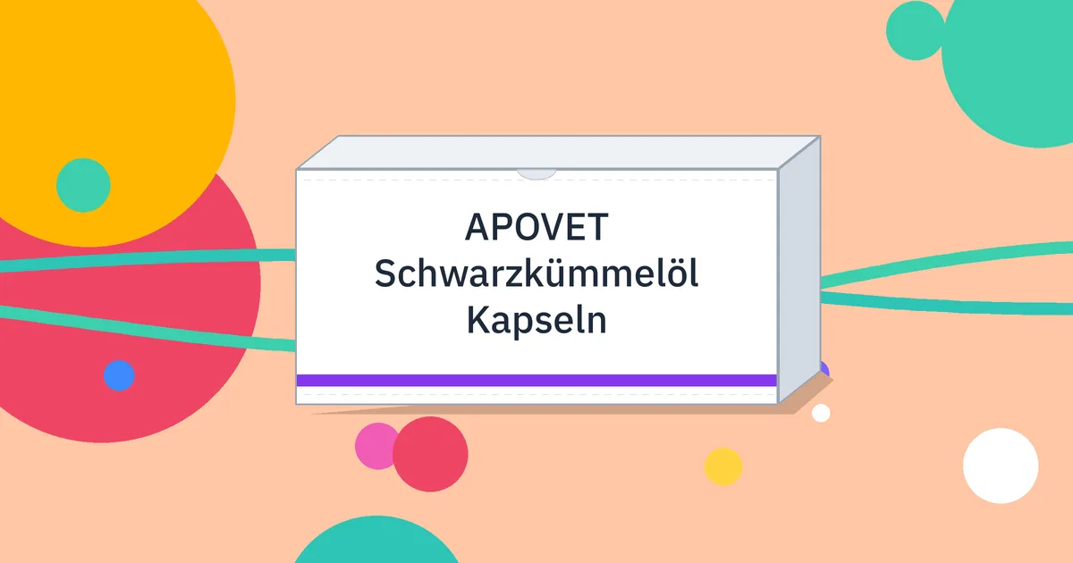 Symbolbild: Packung mit der Aufschrift APOVET Schwarzkümmelöl Kapseln (PZN 14415816) – Verfügbarkeit und Bezug in Apotheken in Frankfurt am Main