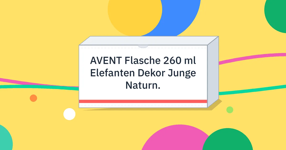 Symbolbild: Packung mit der Aufschrift AVENT Flasche 260 ml Elefanten Dekor Junge Naturn. (PZN 10067778) – Verfügbarkeit und Bezug in Apotheken in Frankfurt am Main