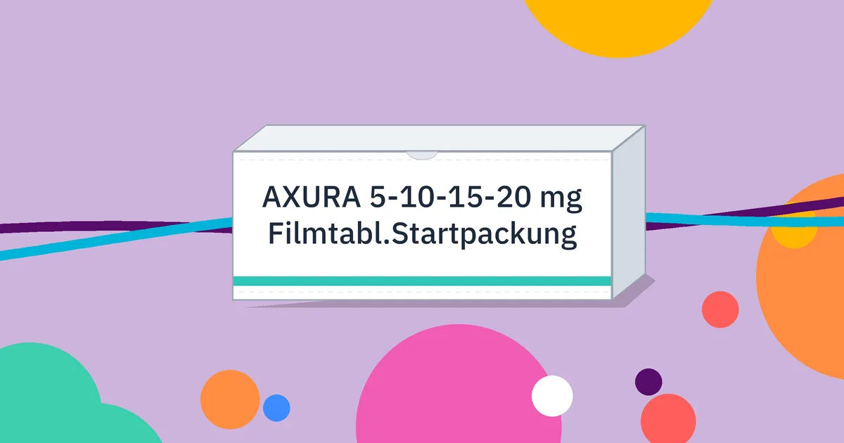 Symbolbild: Packung mit der Aufschrift AXURA 5-10-15-20 mg Filmtabl.Startpackung (PZN 06809636) – Verfügbarkeit und Bezug in Apotheken in Frankfurt am Main
