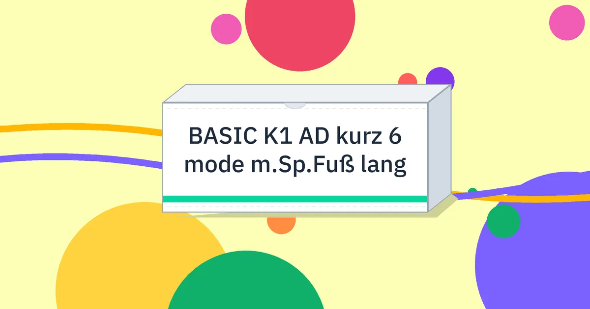 Symbolbild: Packung mit der Aufschrift BASIC K1 AD kurz 6 mode m.Sp.Fuß lang (PZN 20259390) – Verfügbarkeit und Bezug in Apotheken in Frankfurt am Main
