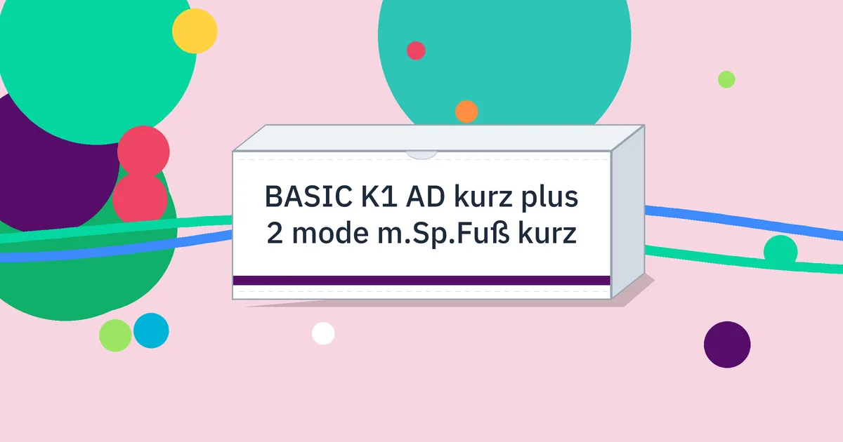 Symbolbild: Packung mit der Aufschrift BASIC K1 AD kurz plus 2 mode m.Sp.Fuß kurz (PZN 20257698) – Verfügbarkeit und Bezug in Apotheken in Frankfurt am Main