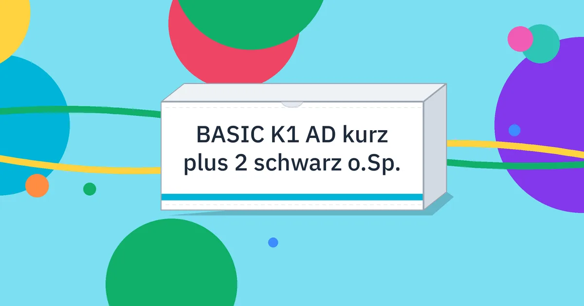 Symbolbild: Packung mit der Aufschrift BASIC K1 AD kurz plus 2 schwarz o.Sp. (PZN 20257379) – Verfügbarkeit und Bezug in Apotheken in Frankfurt am Main