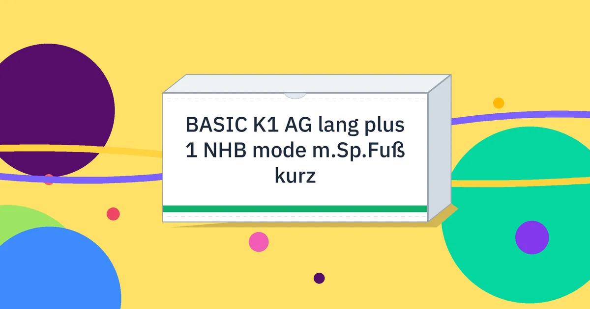 Symbolbild: Packung mit der Aufschrift BASIC K1 AG lang plus 1 NHB mode m.Sp.Fuß kurz (PZN 20259852) – Verfügbarkeit und Bezug in Apotheken in Frankfurt am Main