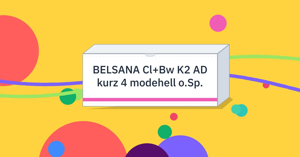 Symbolbild: Packung mit der Aufschrift BELSANA Cl+Bw K2 AD kurz 4 modehell o.Sp. (PZN 12241482) – Verfügbarkeit und Bezug in Apotheken in Frankfurt am Main