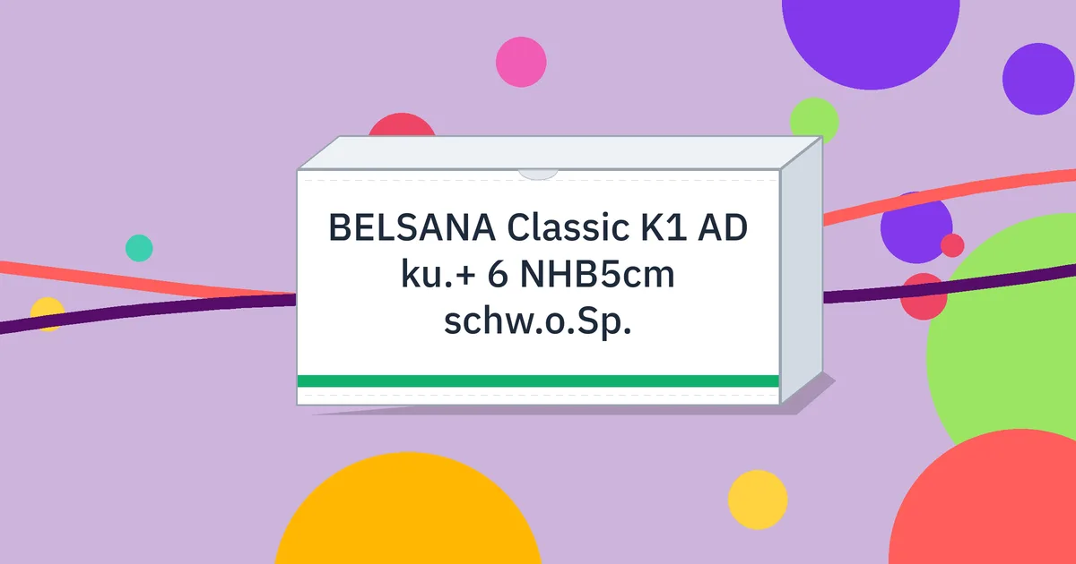 Symbolbild: Packung mit der Aufschrift BELSANA Classic K1 AD ku.+ 6 NHB5cm schw.o.Sp. (PZN 19257078) – Verfügbarkeit und Bezug in Apotheken in Frankfurt am Main