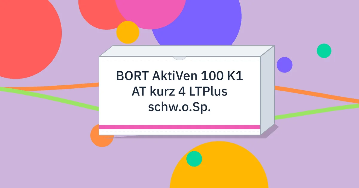Symbolbild: Packung mit der Aufschrift BORT AktiVen 100 K1 AT kurz 4 LTPlus schw.o.Sp. (PZN 18175800) – Verfügbarkeit und Bezug in Apotheken in Frankfurt am Main