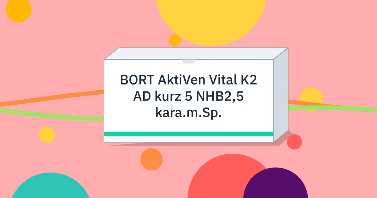 Symbolbild: Packung mit der Aufschrift BORT AktiVen Vital K2 AD kurz 5 NHB2,5 kara.m.Sp. (PZN 17497832) – Verfügbarkeit und Bezug in Apotheken in Frankfurt am Main