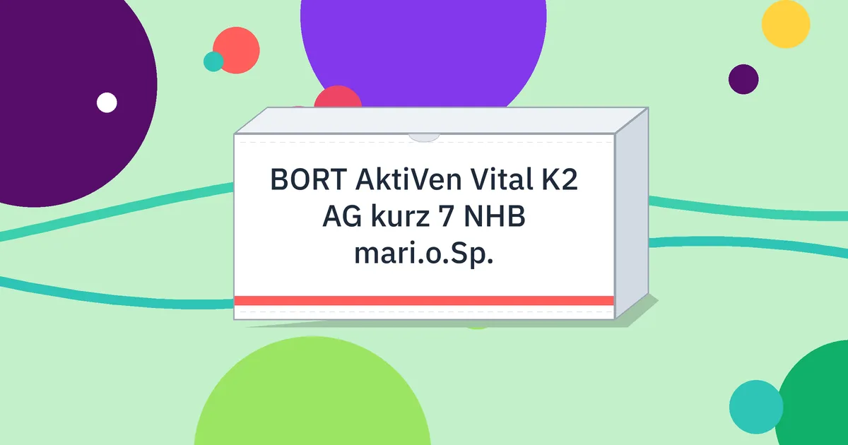 Symbolbild: Packung mit der Aufschrift BORT AktiVen Vital K2 AG kurz 7 NHB mari.o.Sp. (PZN 13732928) – Verfügbarkeit und Bezug in Apotheken in Frankfurt am Main