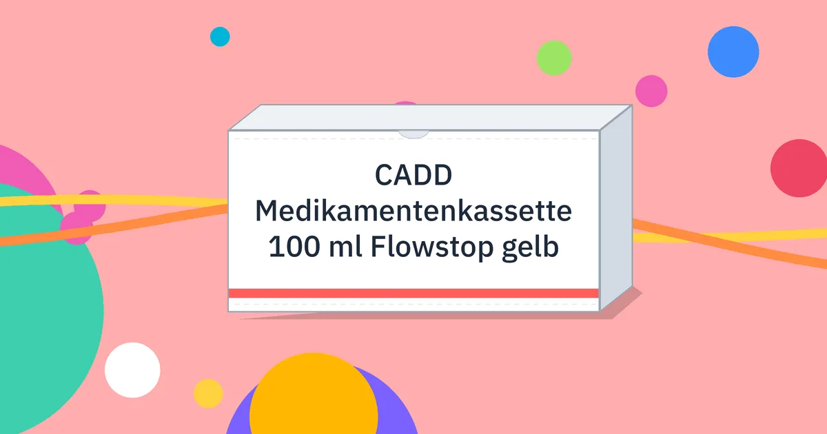 Symbolbild: Packung mit der Aufschrift CADD Medikamentenkassette 100 ml Flowstop gelb (PZN 11241882) – Verfügbarkeit und Bezug in Apotheken in Frankfurt am Main