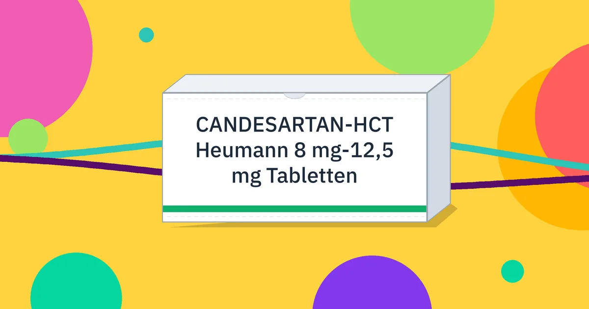Symbolbild: Packung mit der Aufschrift CANDESARTAN-HCT Heumann 8 mg-12,5 mg Tabletten (PZN 09424598) – Verfügbarkeit und Bezug in Apotheken in Frankfurt am Main